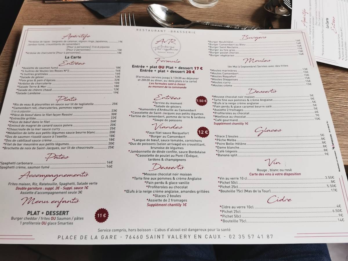 Menu au Auberge val'riquaise restaurant, Saint-Valery-en-Caux