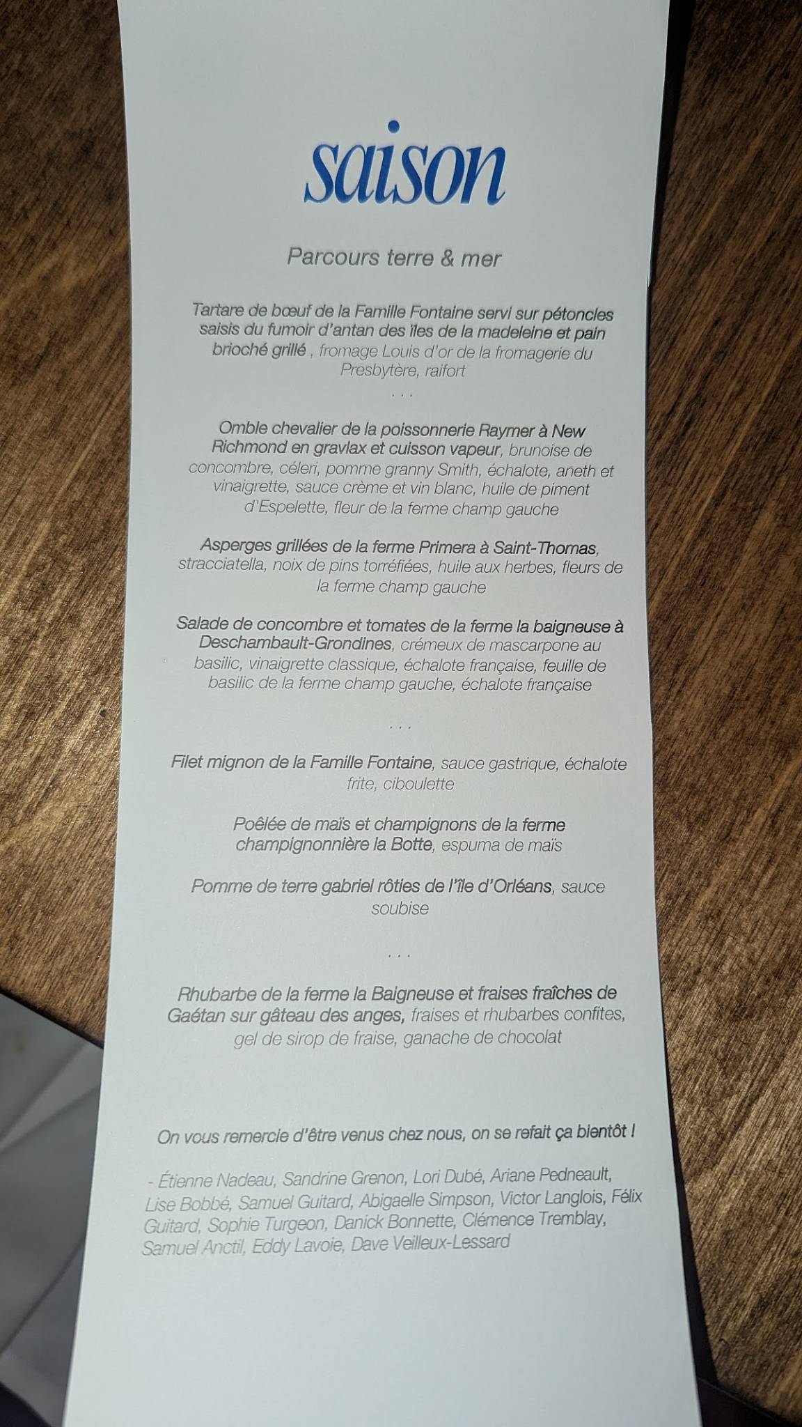 Menu au Saison restaurant, Québec