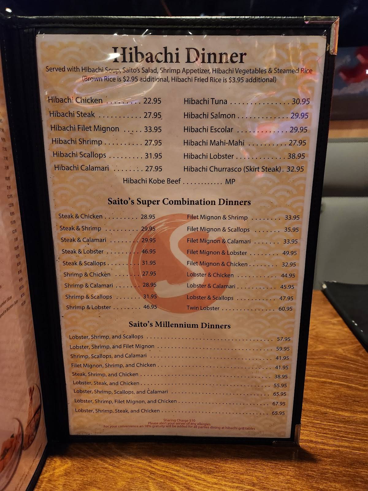 Menu at Saito's Japanese Steakhouse in Dania Pointe, Dania Beach