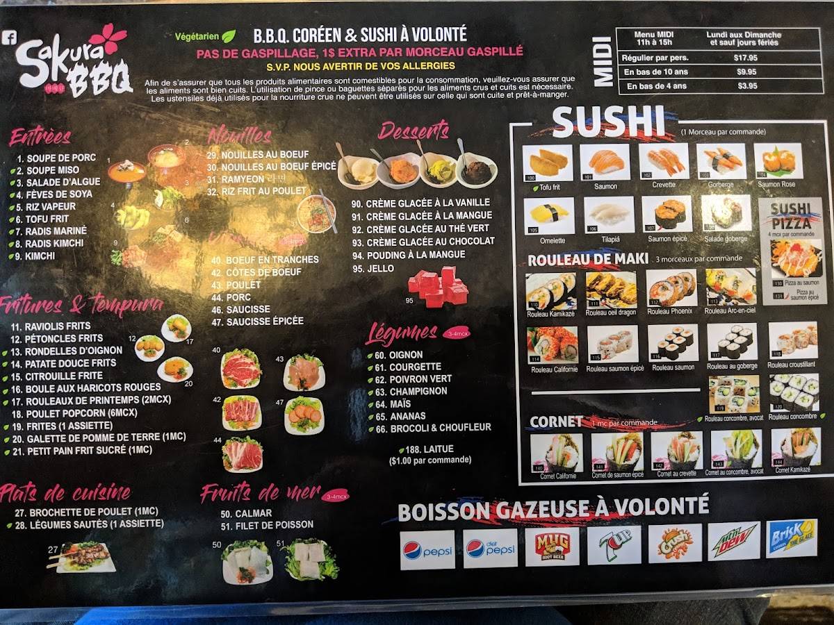 Menu au Sakura BBQ Coréen, Québec