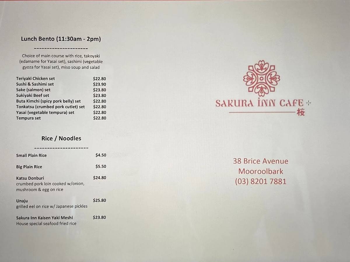 Menu at Sakura Inn Cafe Japanese Cuisine, Mooroolbark