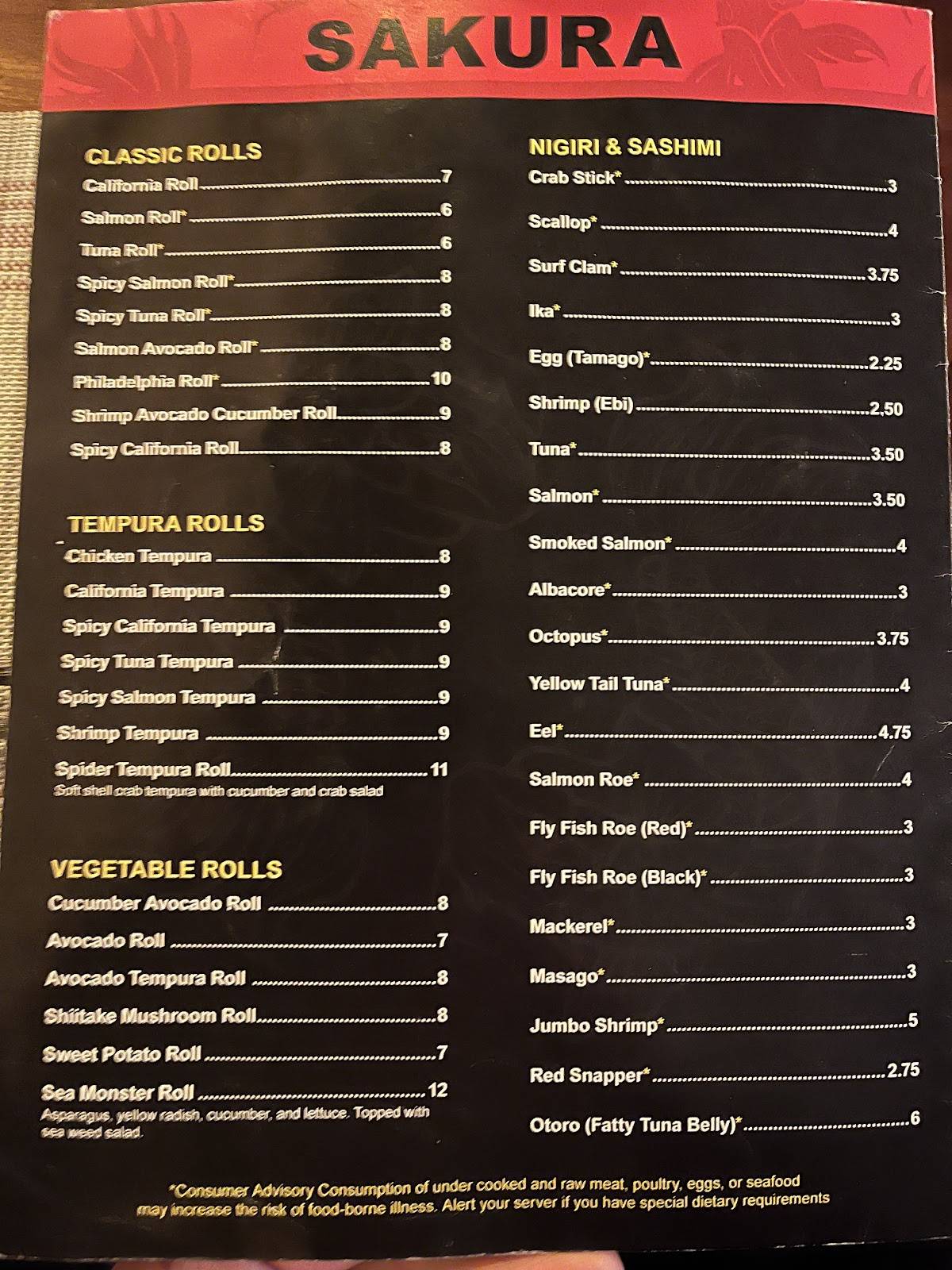 Menu at Sakura Japanese Cuisine restaurant, Urbana