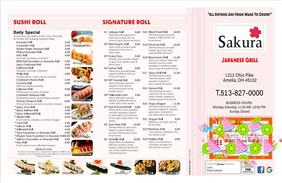 Menu at Sakura Japanese Grill restaurant, Amelia