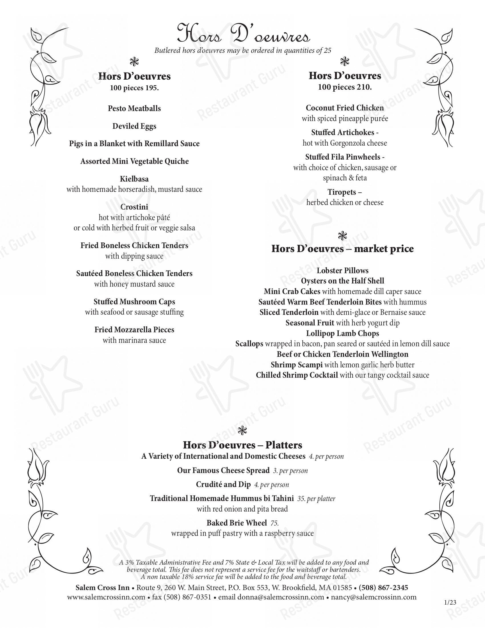 Menu at Salem Cross Inn restaurant, West Brookfield