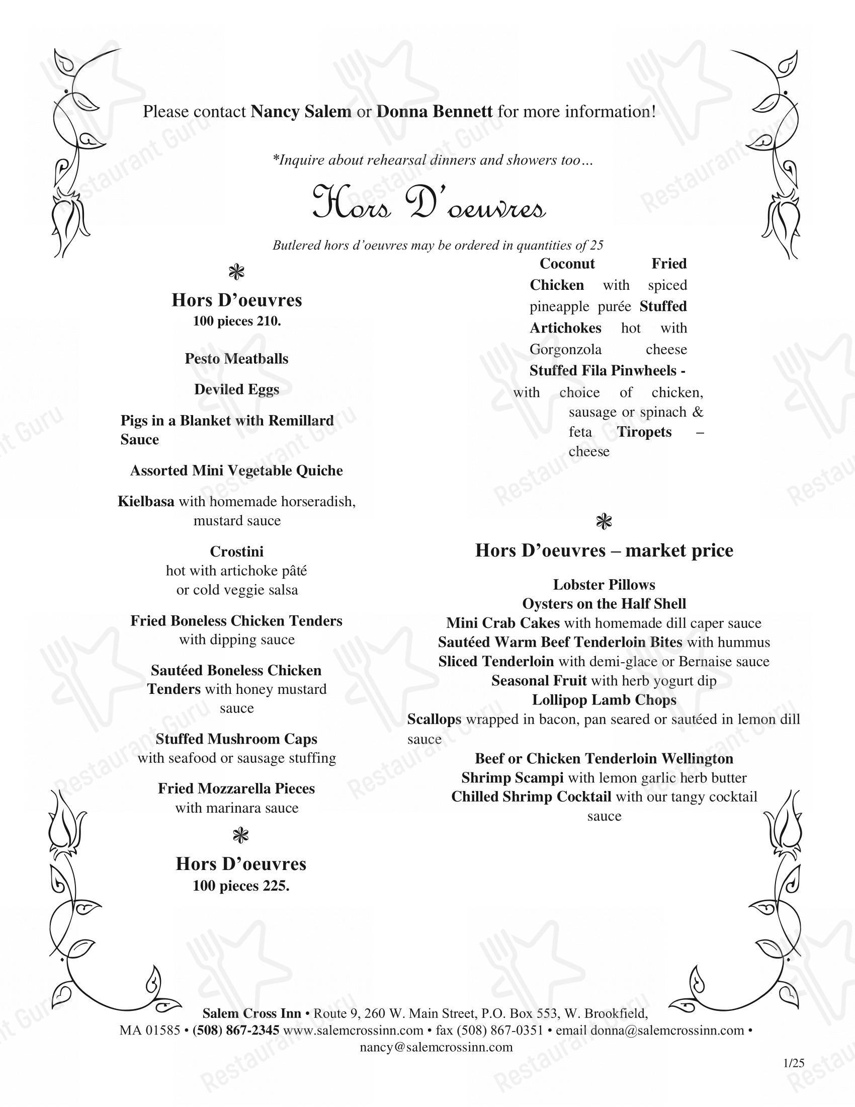 Menu at Salem Cross Inn restaurant, West Brookfield