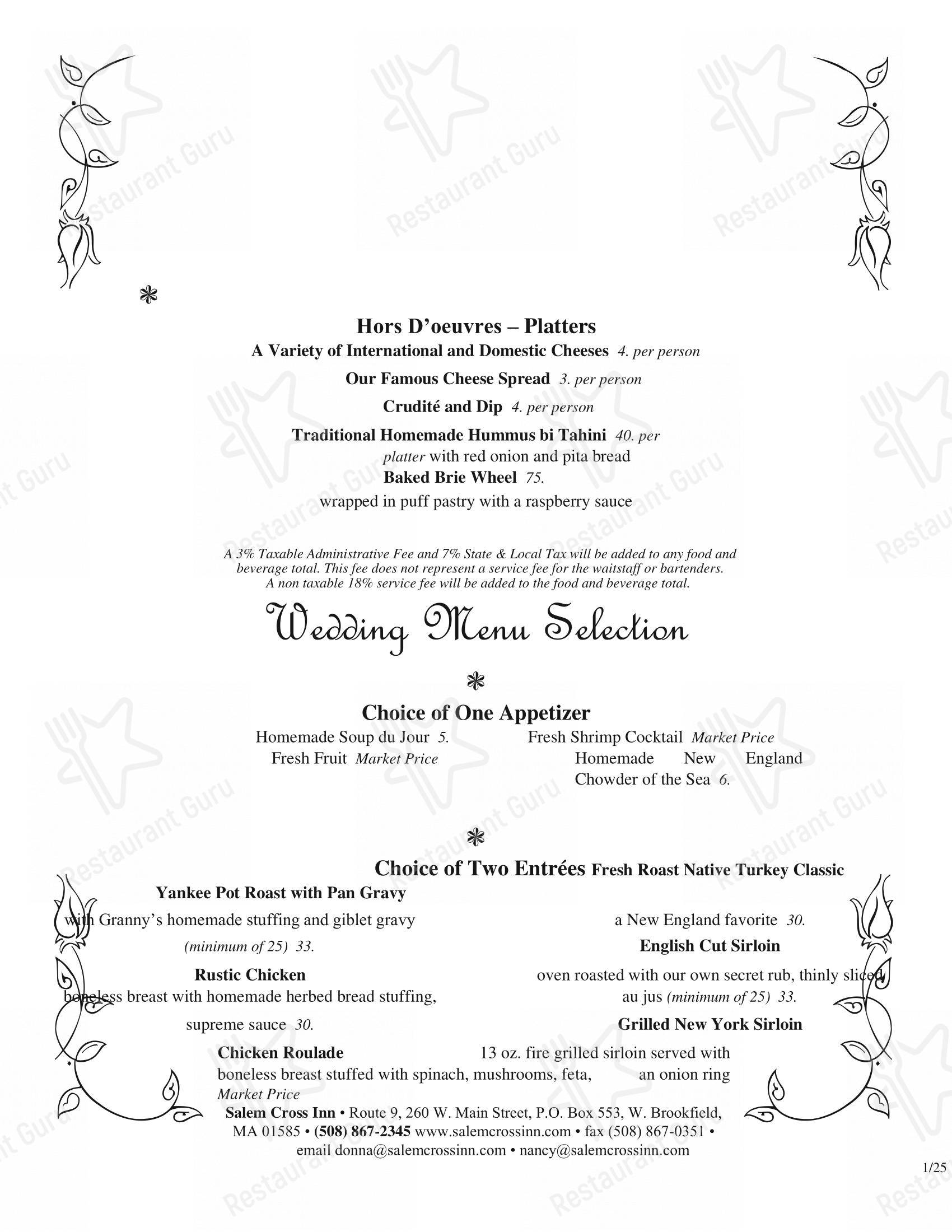Menu at Salem Cross Inn restaurant, West Brookfield