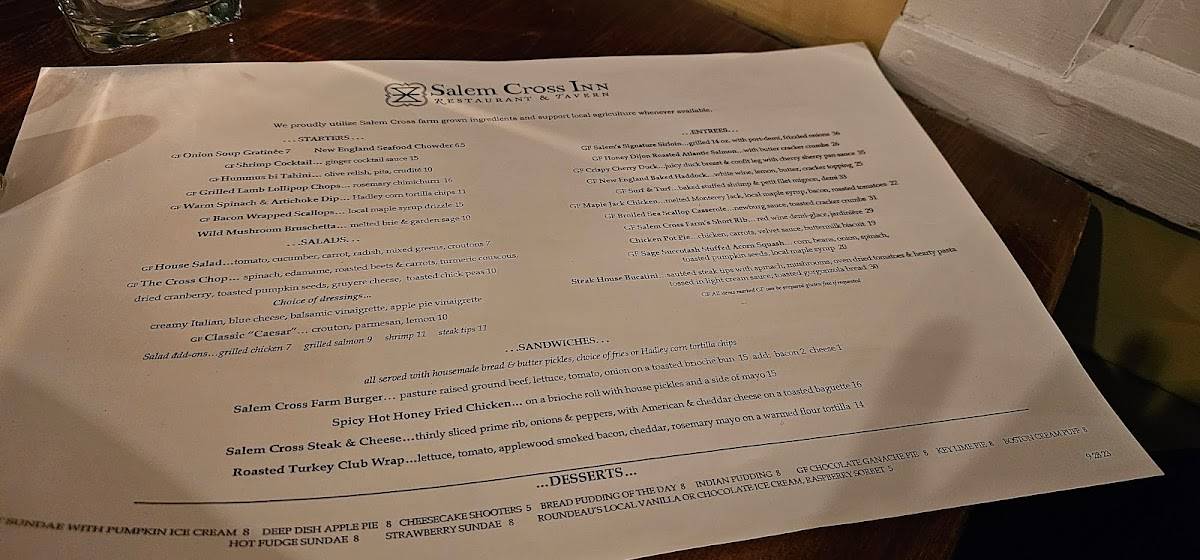 Menu at Salem Cross Inn restaurant, West Brookfield