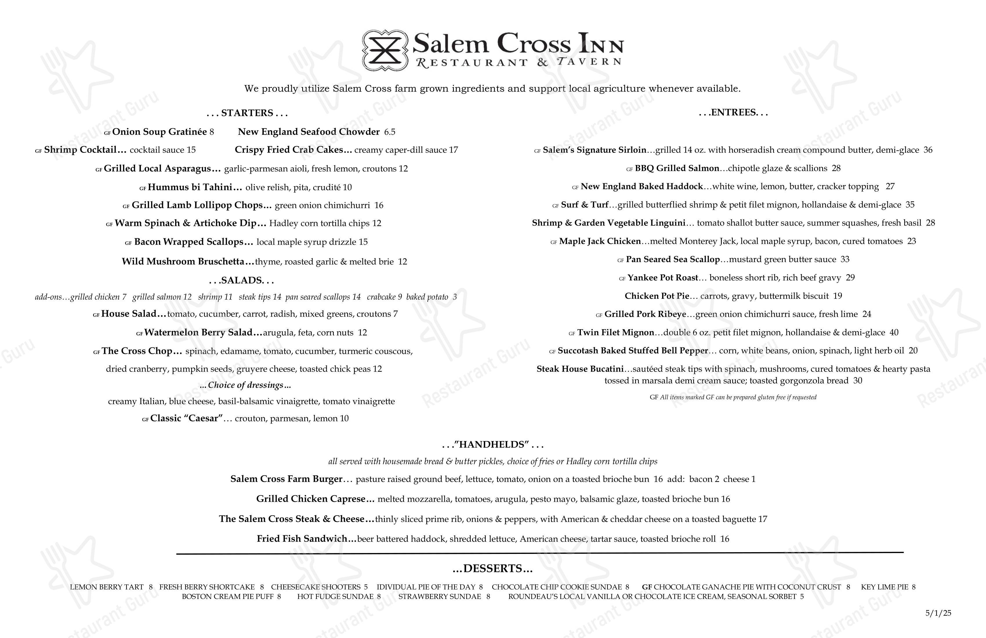 Menu at Salem Cross Inn restaurant, West Brookfield