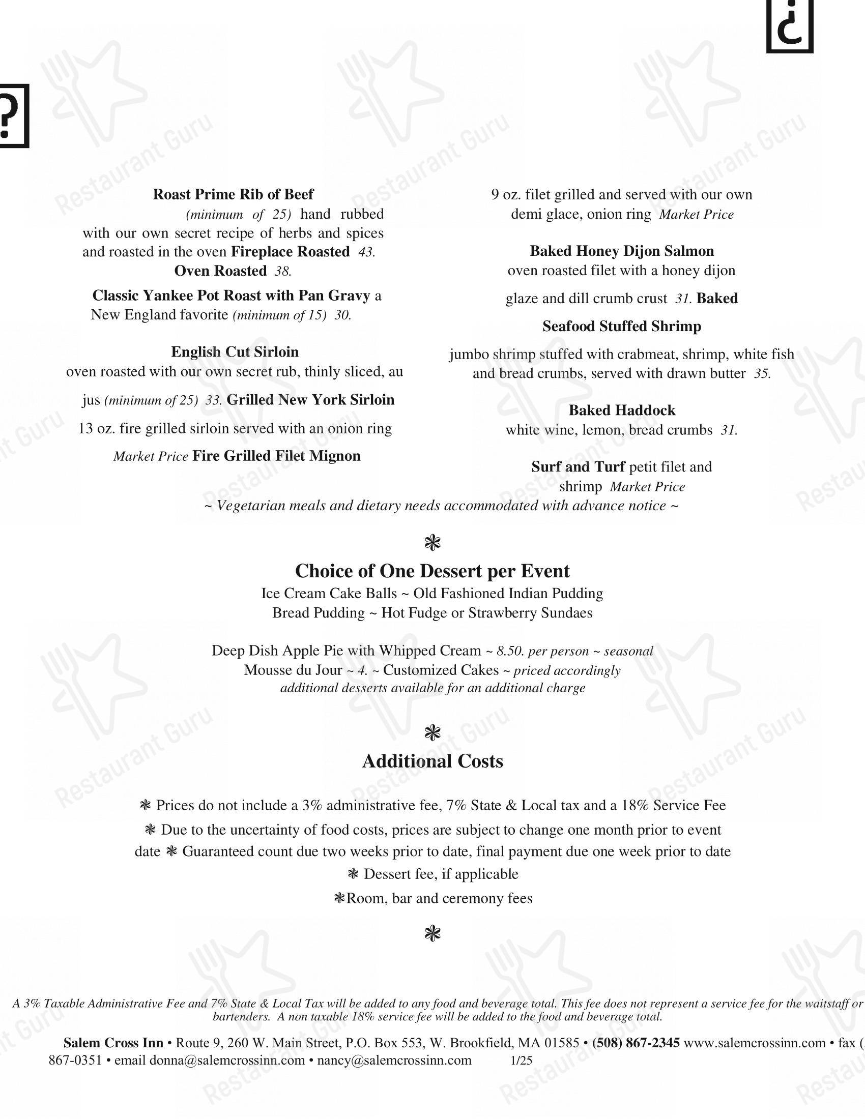 Menu at Salem Cross Inn restaurant, West Brookfield