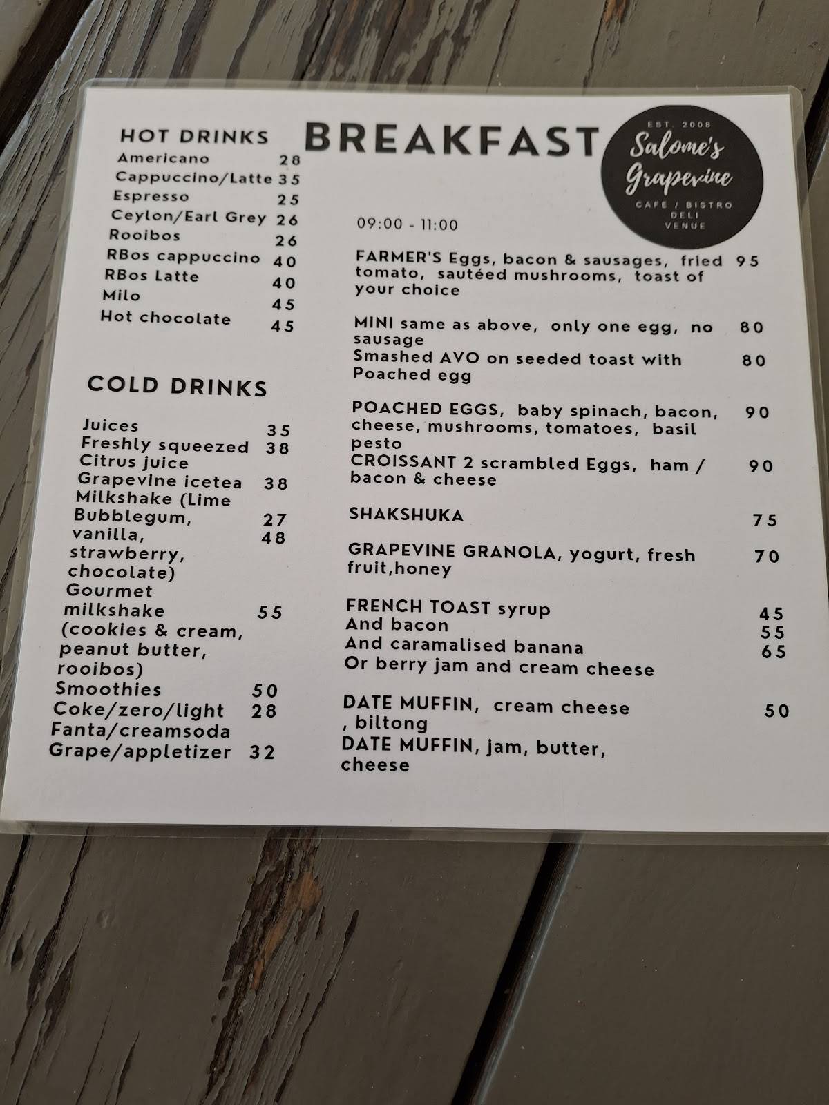 Menu at Salome's Grapevine cafe, Citrusdal