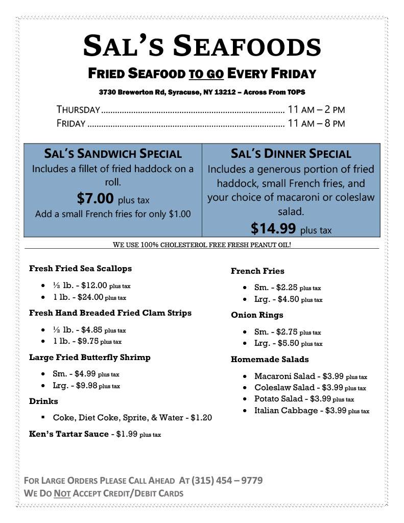 Menu at Sal's Seafood restaurant, Syracuse