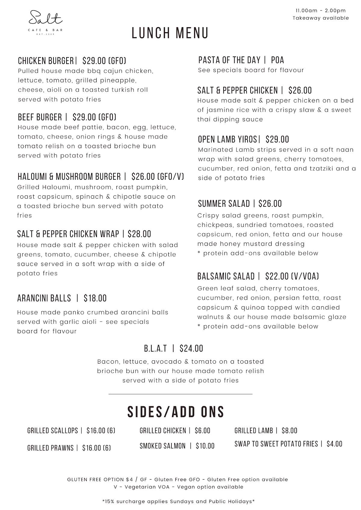 Menu at Salt Cafe & Bar, Port Macdonnell