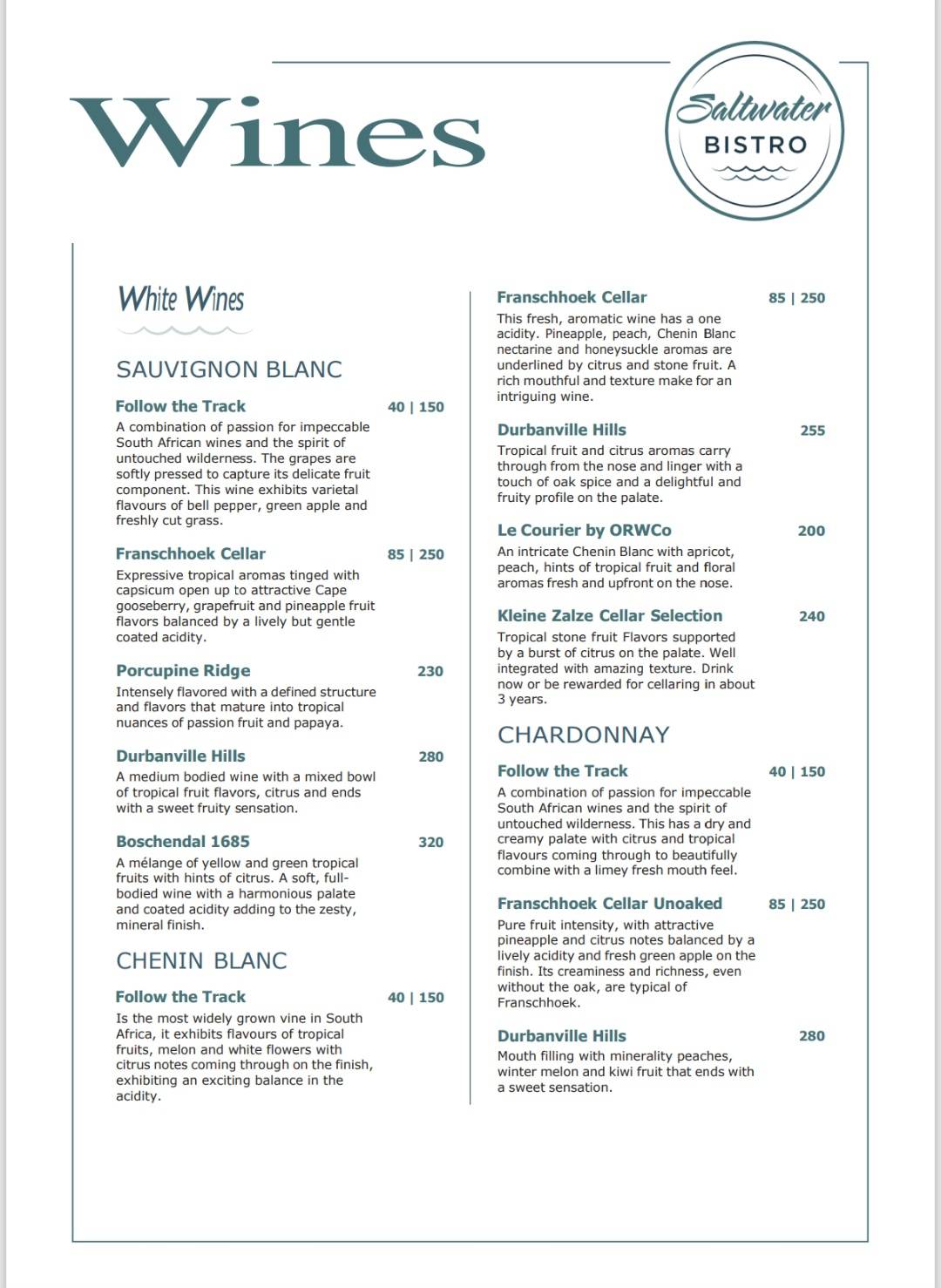 Menu at Saltwater Bistro restaurant, Knysna