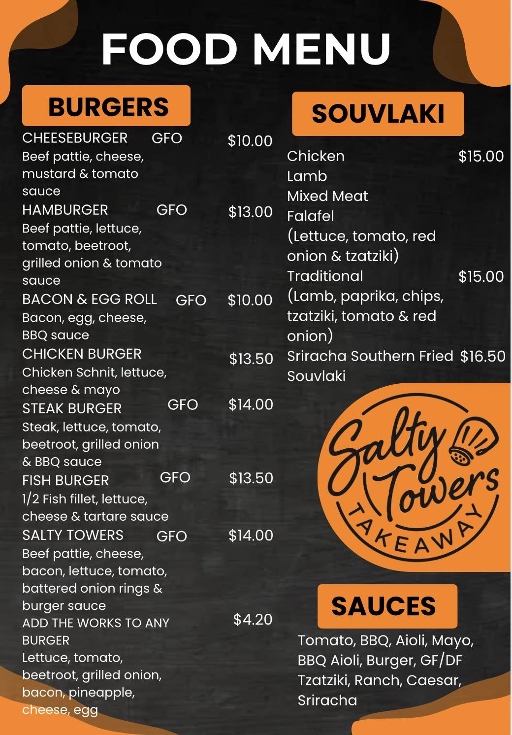 Menu at Salty towers restaurant, Calliope