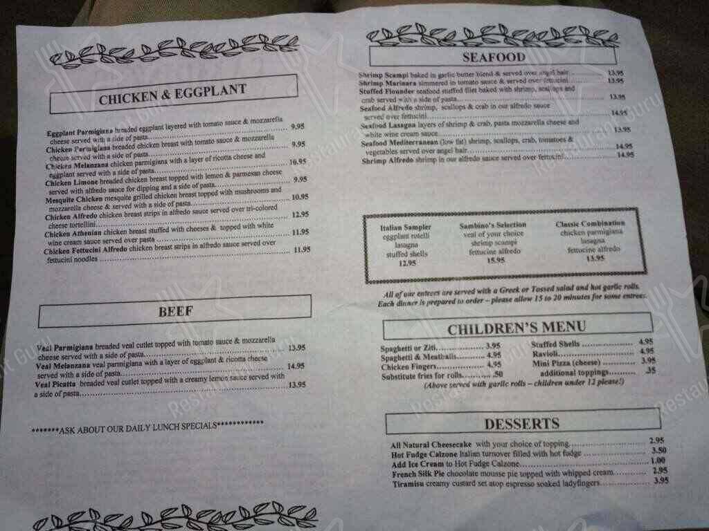 Menu at Sambino's restaurant, Sumter, Peach Orchard Rd