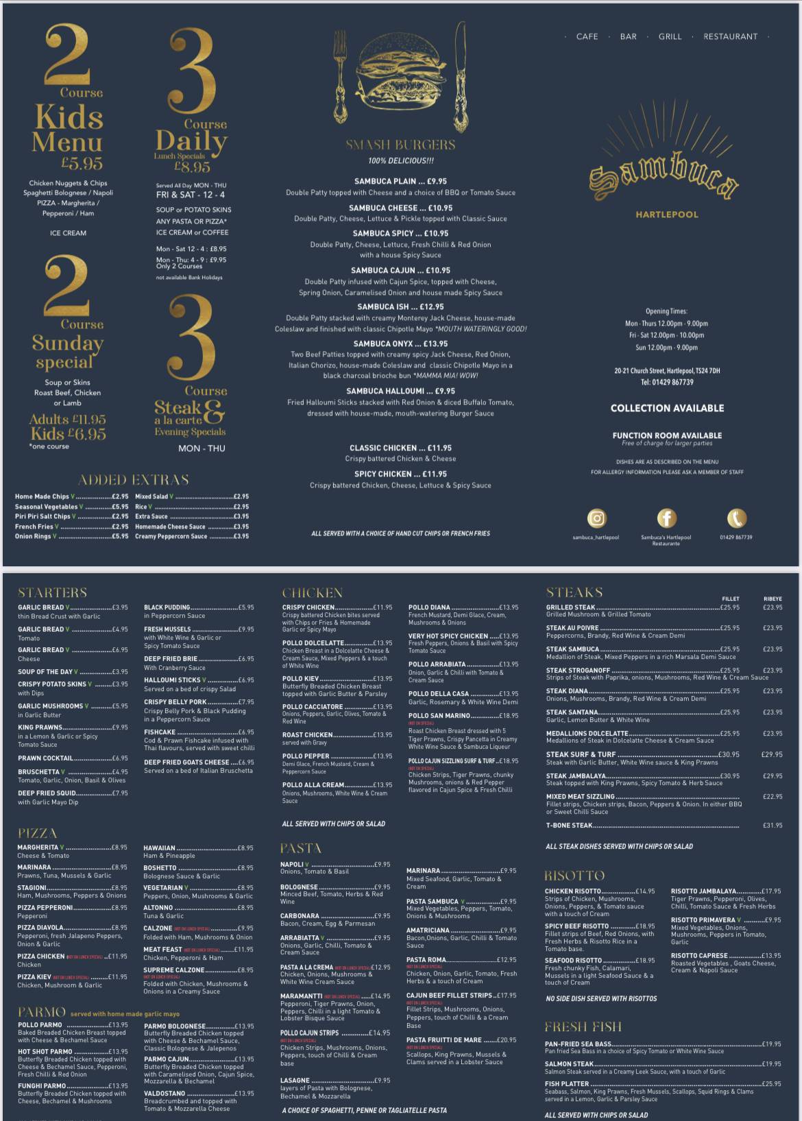 Menu at Sambuca Hartlepool restaurant, Hartlepool