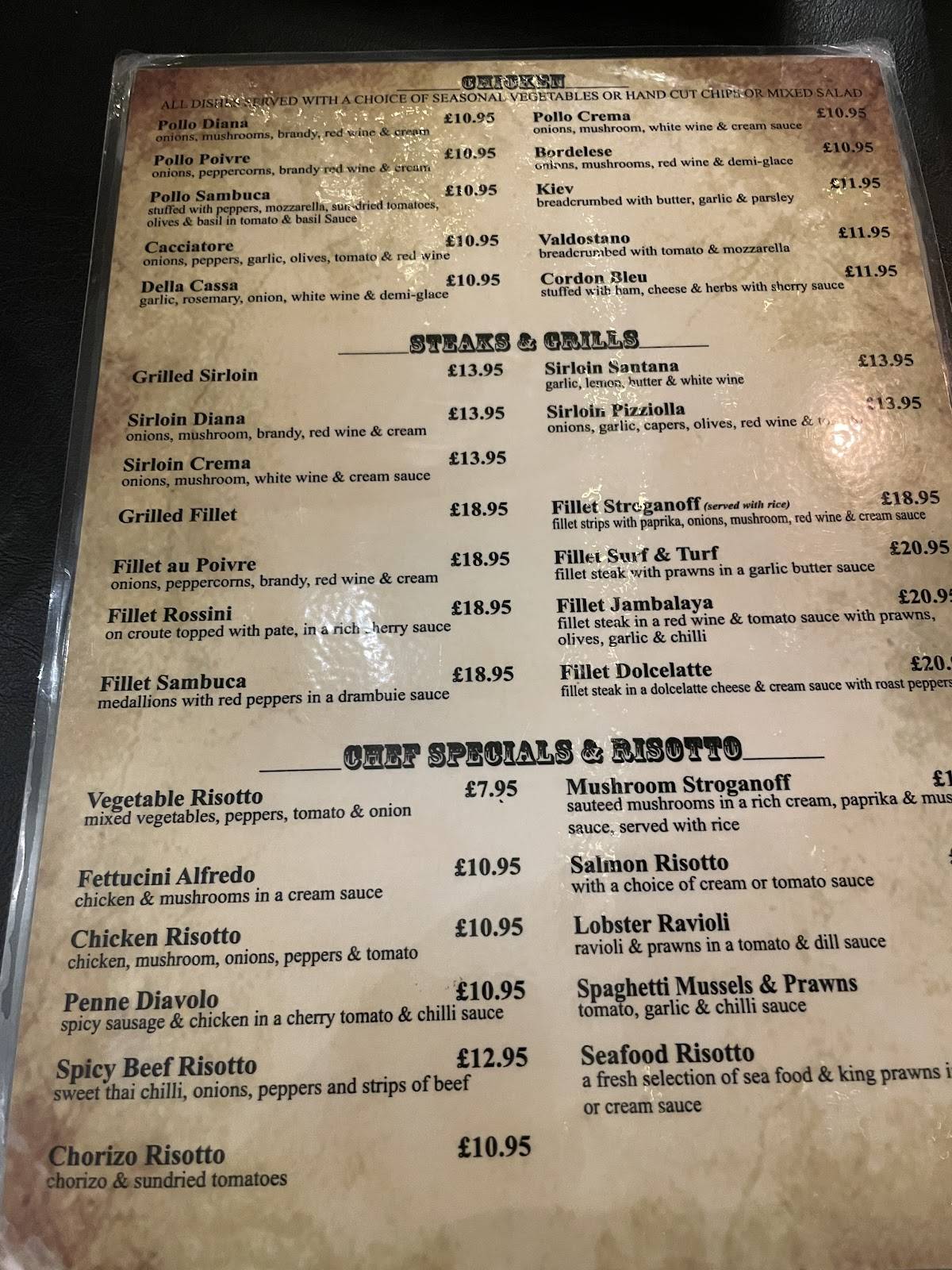 Menu at Sambuca restaurant, Whitley Bay