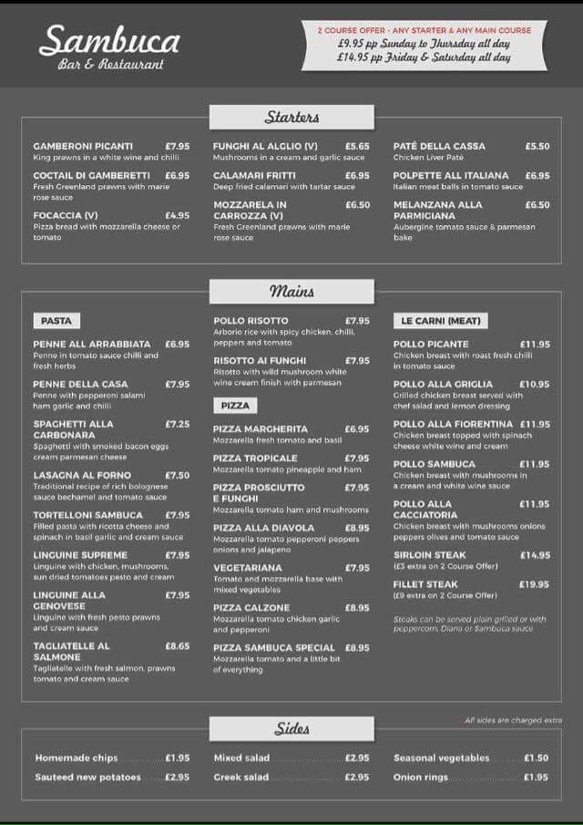 Menu at Sambuca restaurant, Shipley