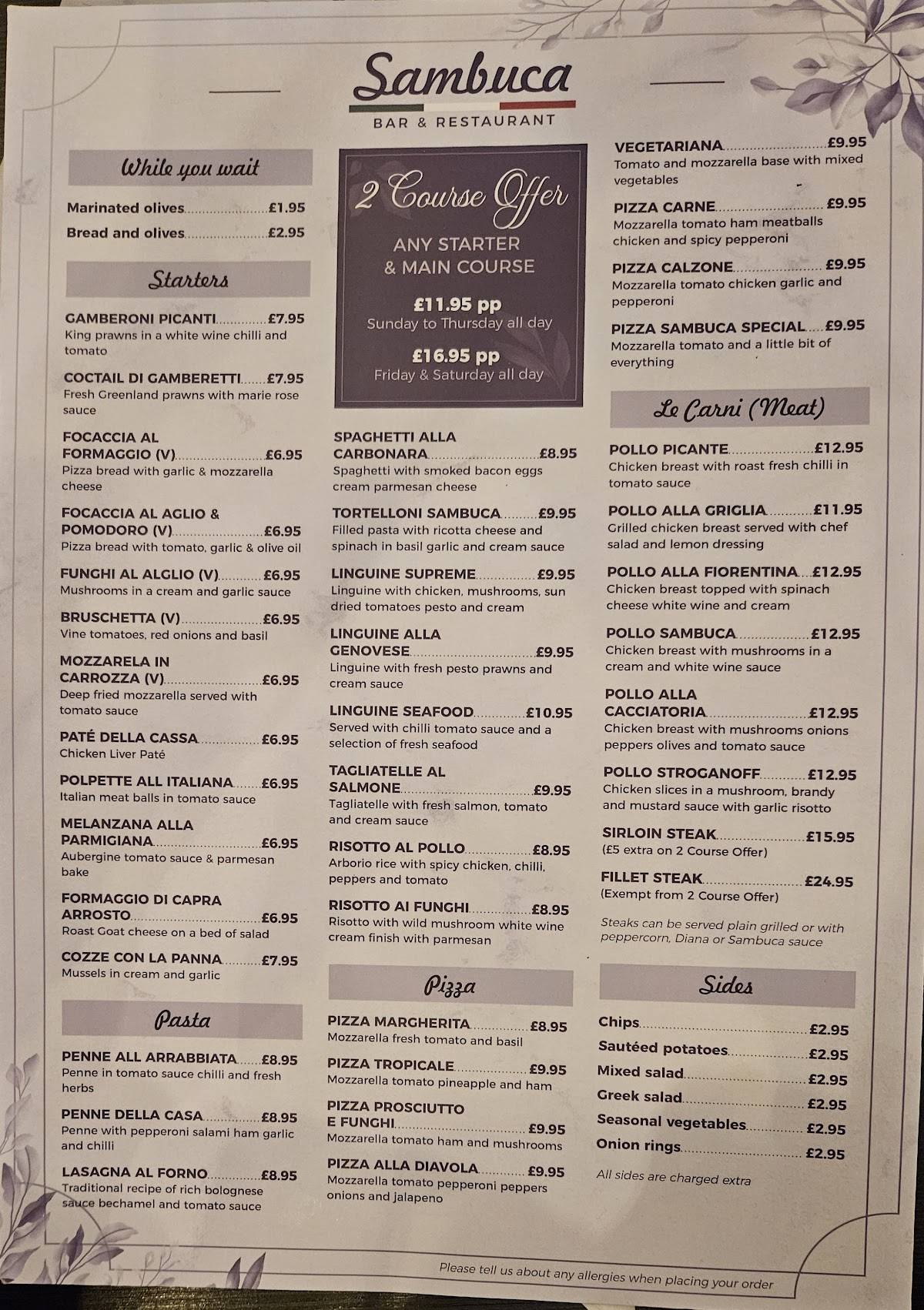Menu at Sambuca restaurant, Shipley