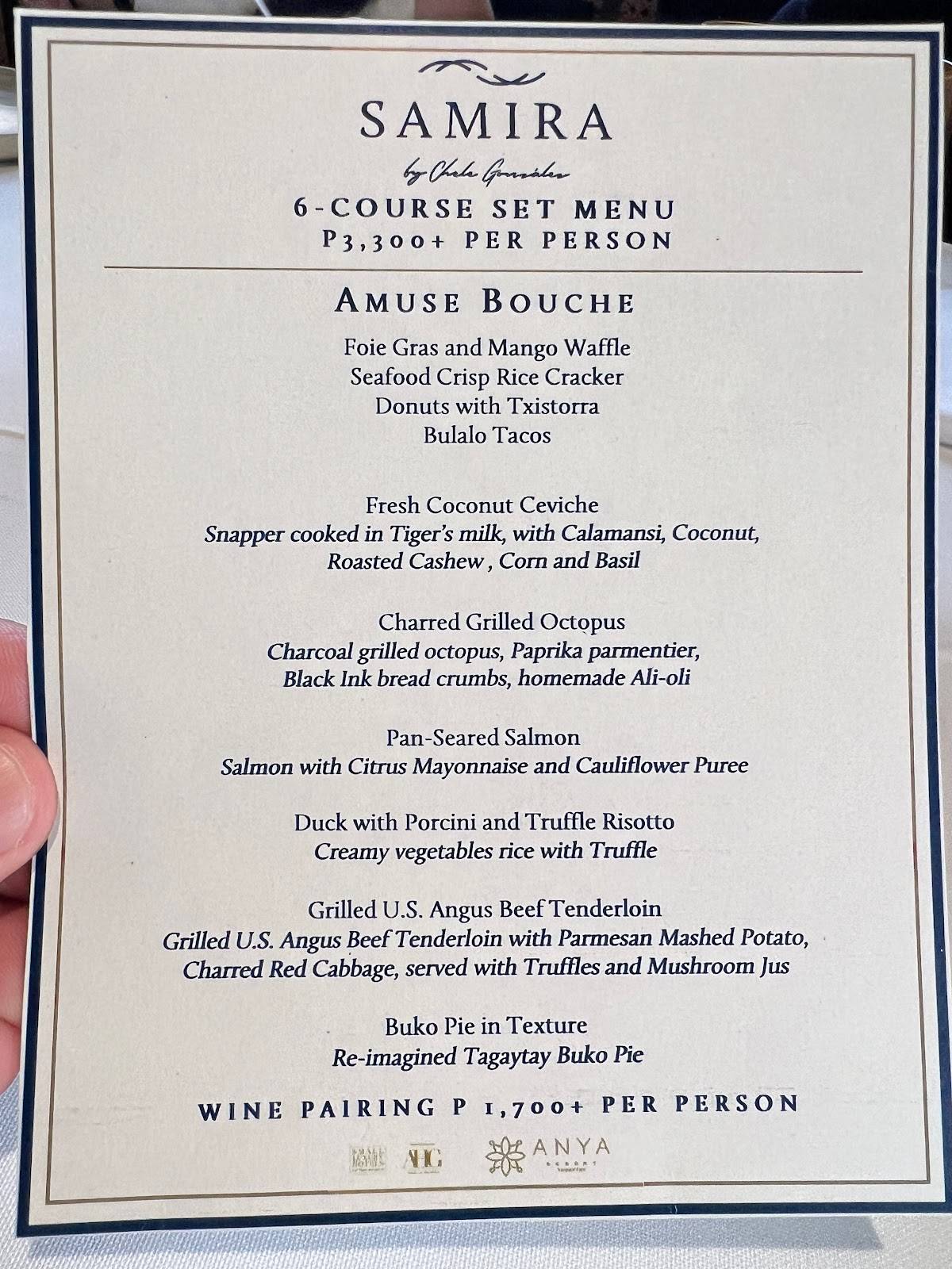 Menu at Samira by Chele Gonzalez restaurant, Tagaytay