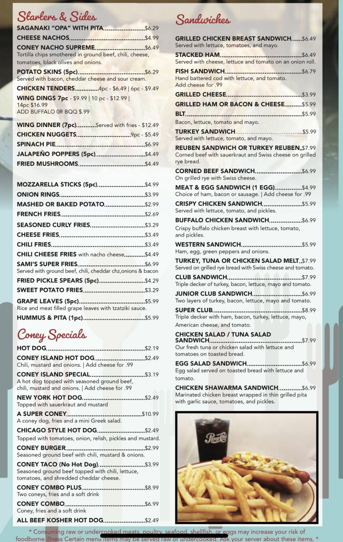 Menu at Sami's Coney Island restaurant, Taylor, Eureka Rd