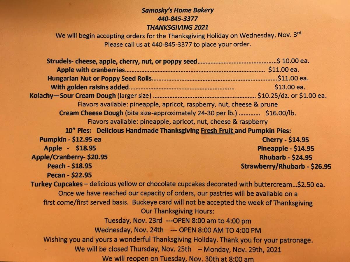 Menu at Samosky's Home Bakery, Cleveland