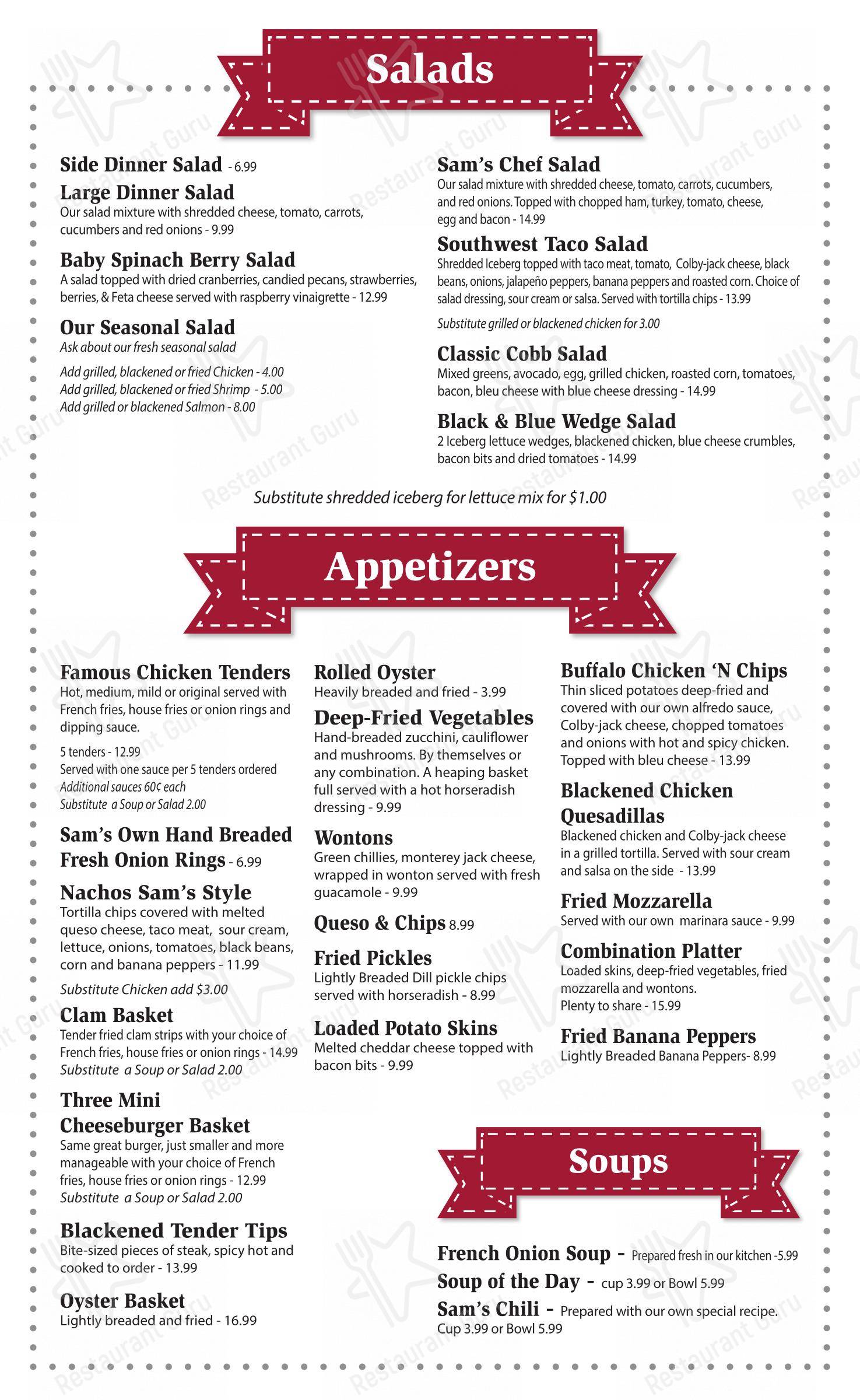 Menu at Sam's Food & Spirits pub & bar, Floyds Knobs, 702 Highlander ...