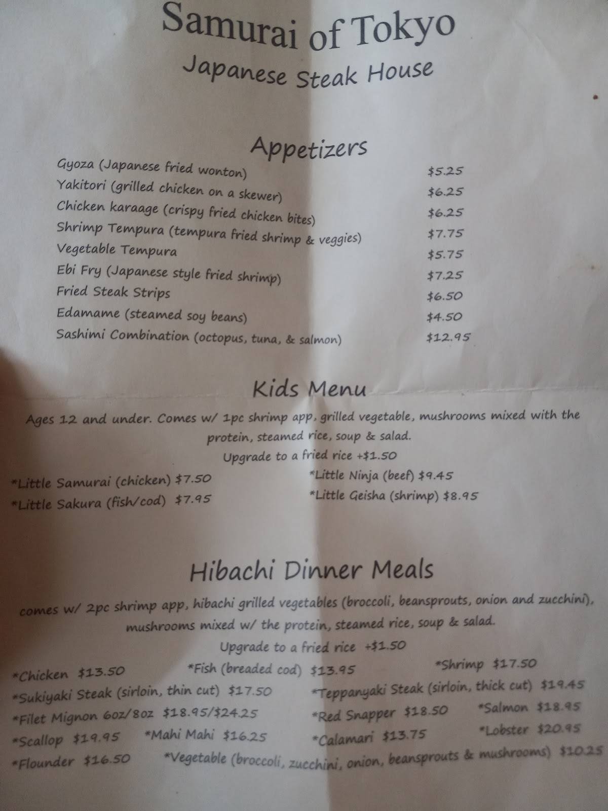 Menu at Samurai of Tokyo restaurant, Wichita Falls