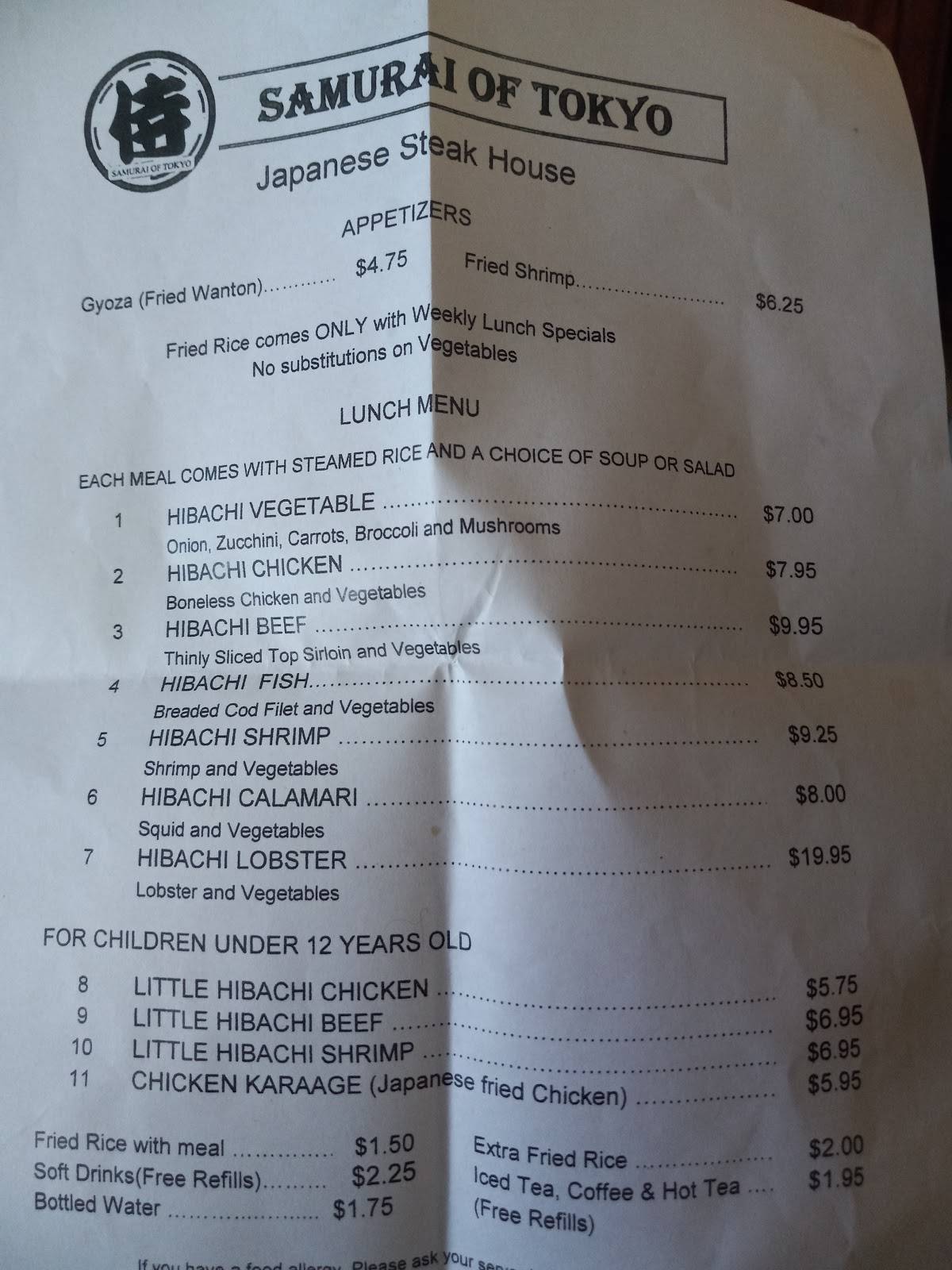 Menu at Samurai of Tokyo restaurant, Wichita Falls