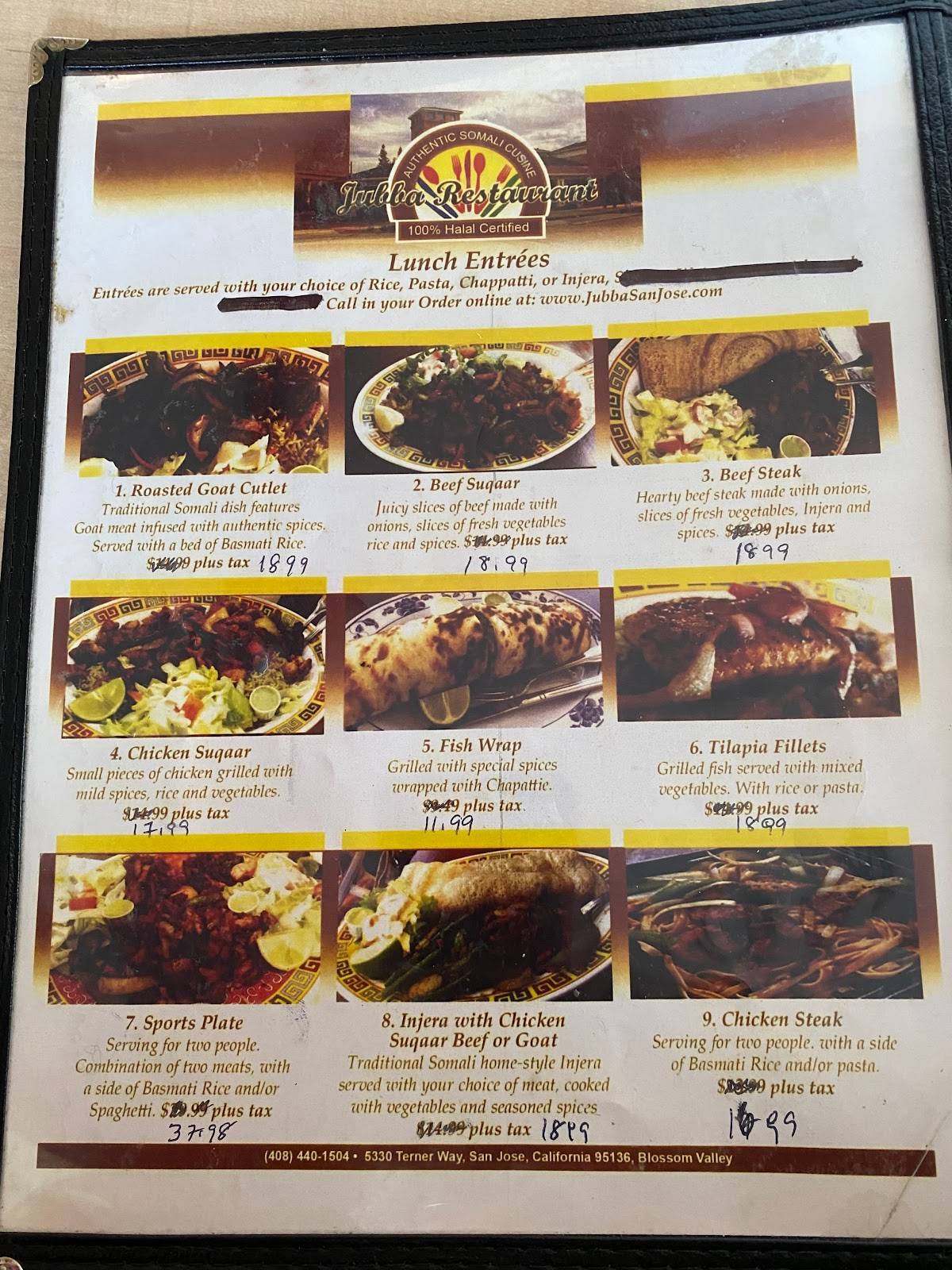 Menu at Jubba Somali Restaurant, San Jose