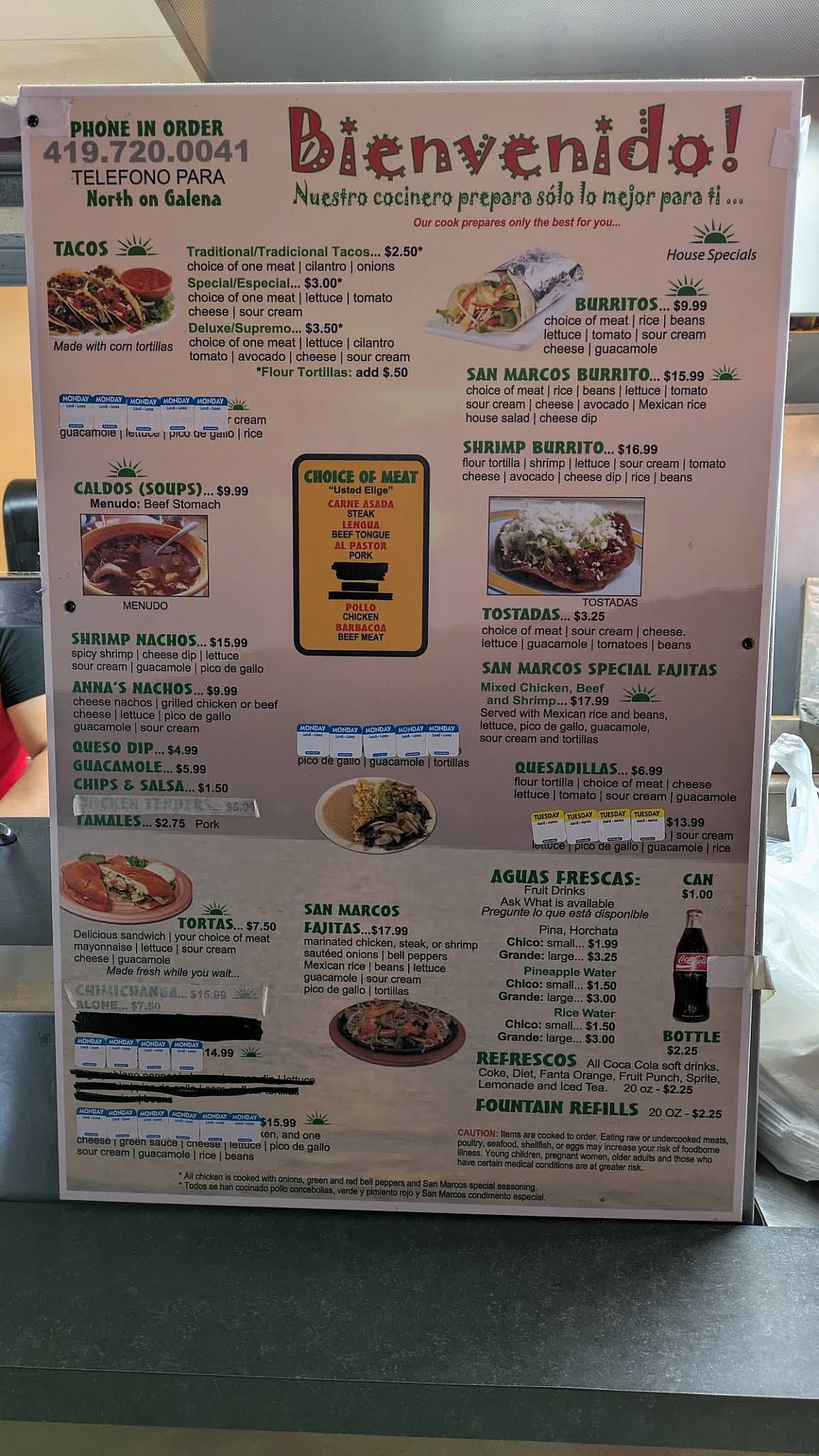 Menu at San Marcos restaurant, Toledo, 719 Galena St