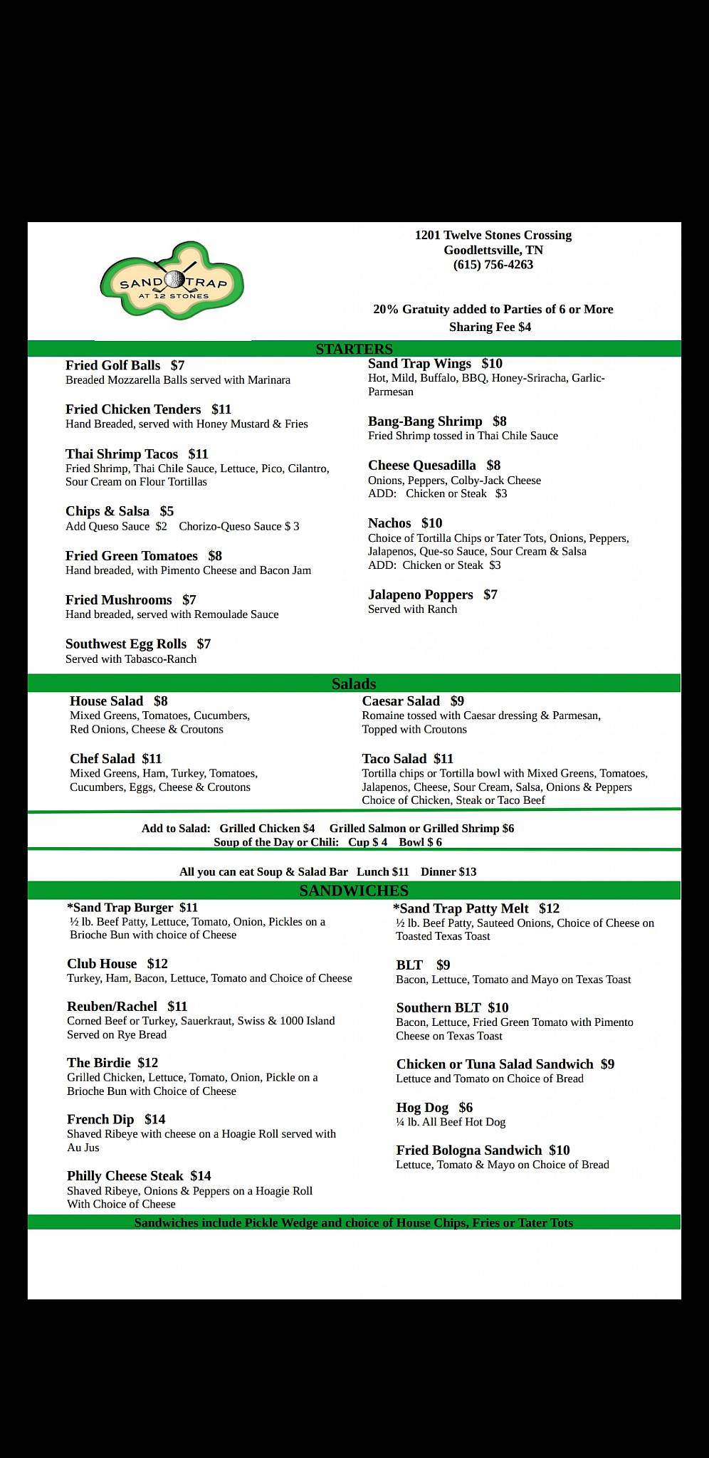 Menu at Sand Trap desserts, Goodlettsville
