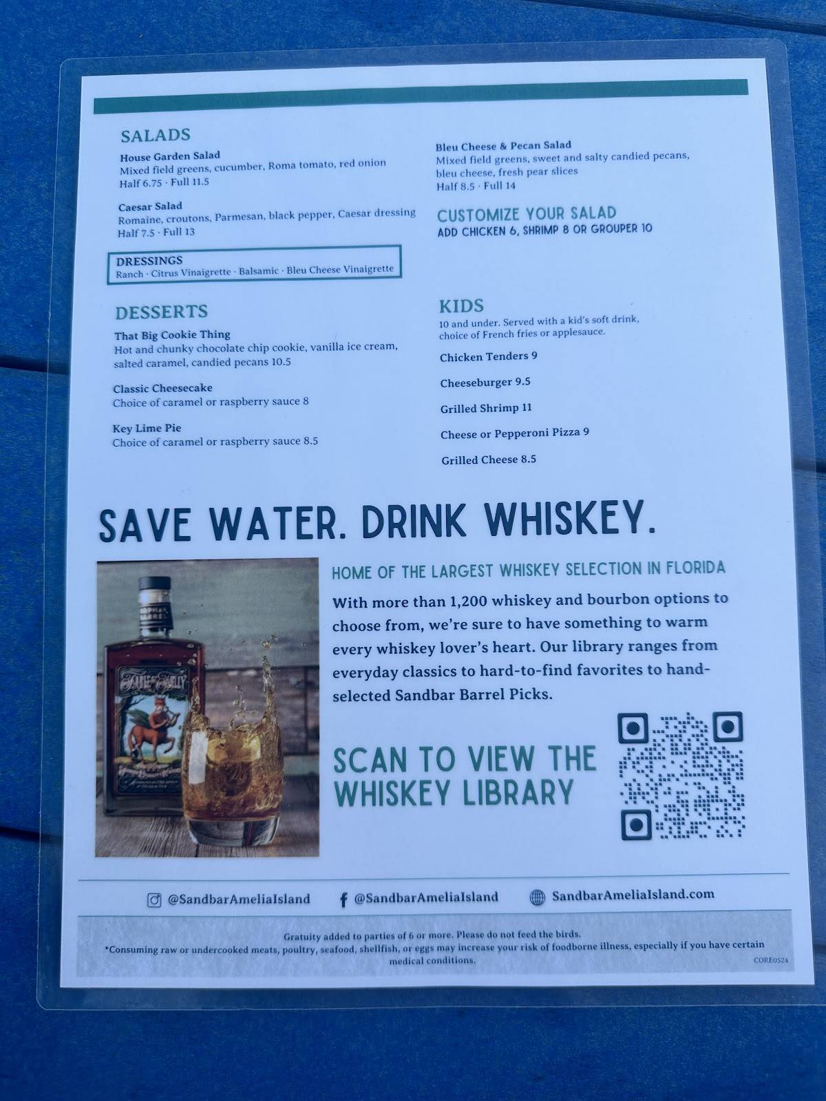 Menu at Sandbar Amelia Island, Fernandina Beach