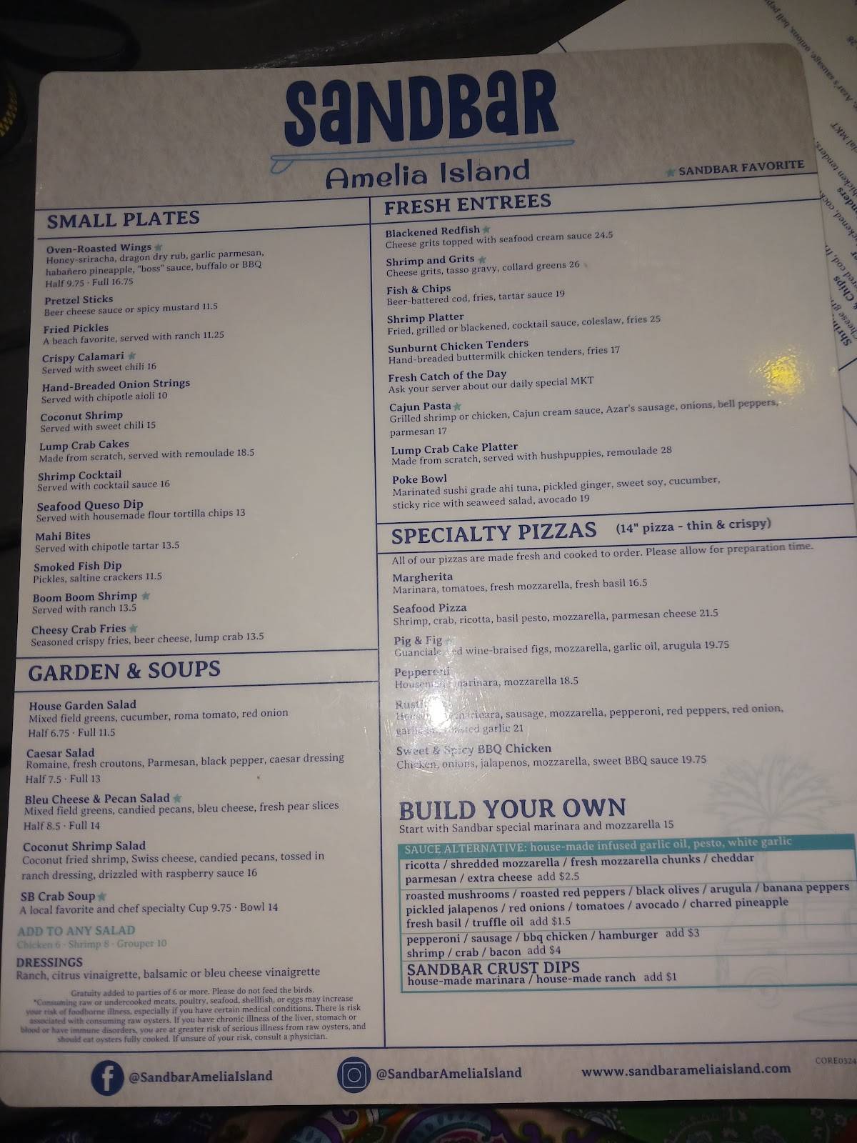 Menu at Sandbar Amelia Island, Fernandina Beach