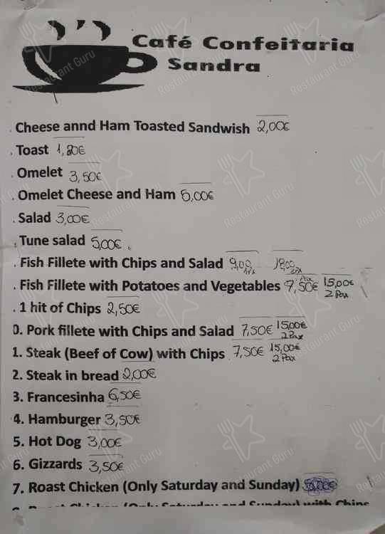 Menu at Cafetaria Sandra, Vila Chã