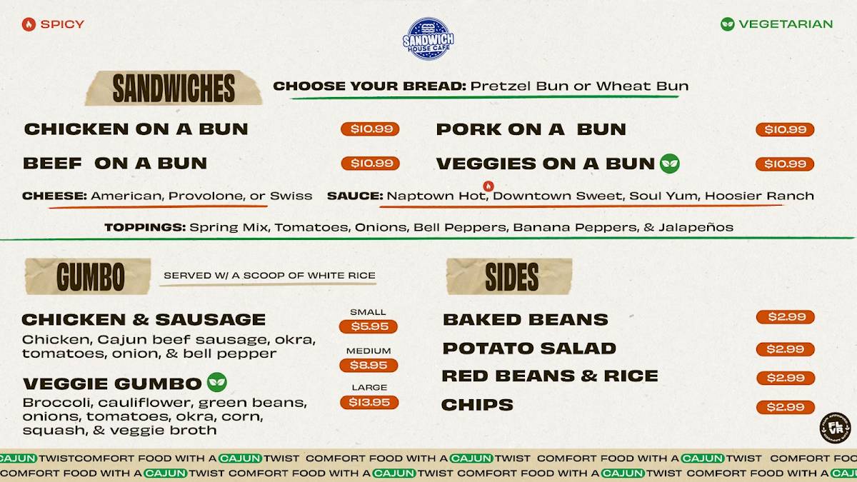 Menu at Sandwich House Cafe, Indianapolis
