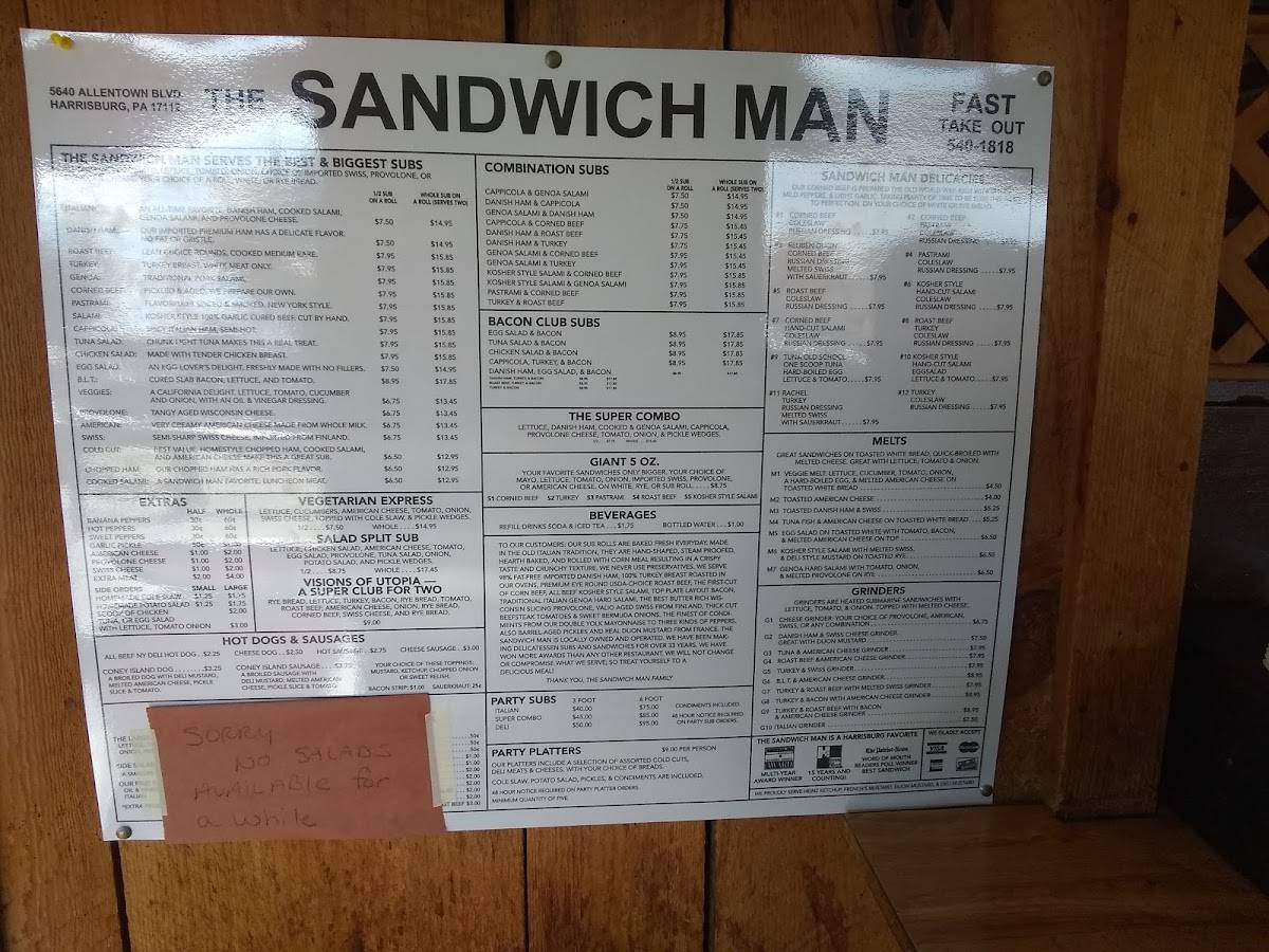 Menu at Sandwich Man restaurant, Paxtonia, Allentown Blvd
