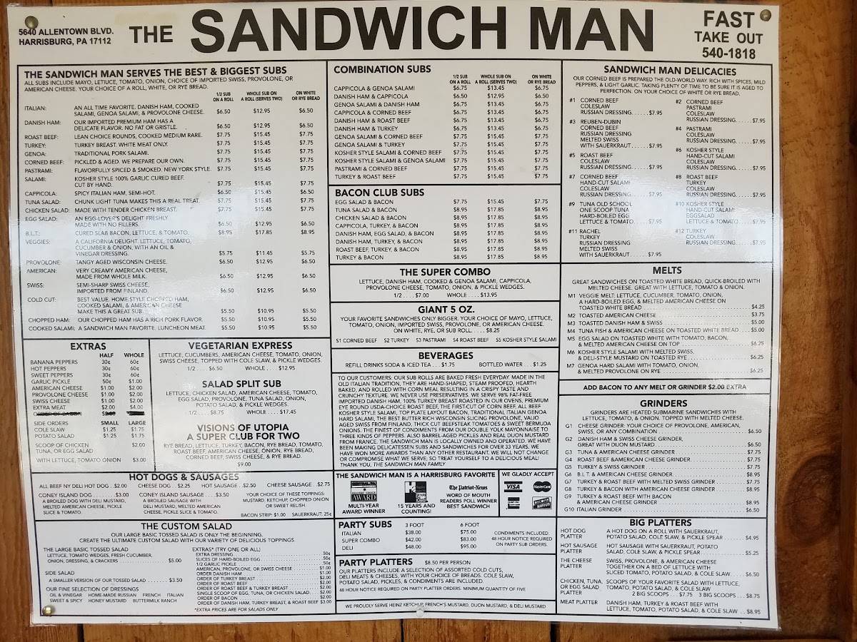Menu at Sandwich Man restaurant, Paxtonia, Allentown Blvd