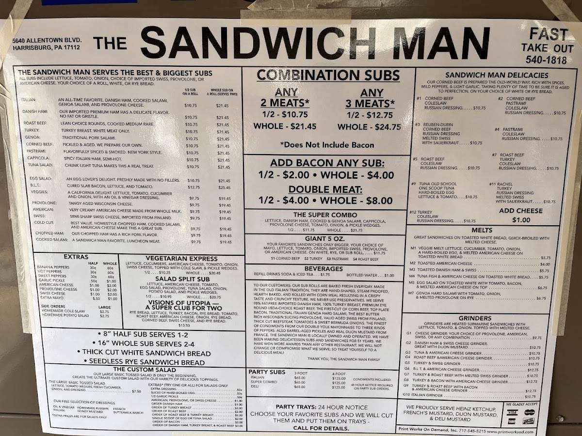 Menu at Sandwich Man, Harrisburg, Allentown Blvd