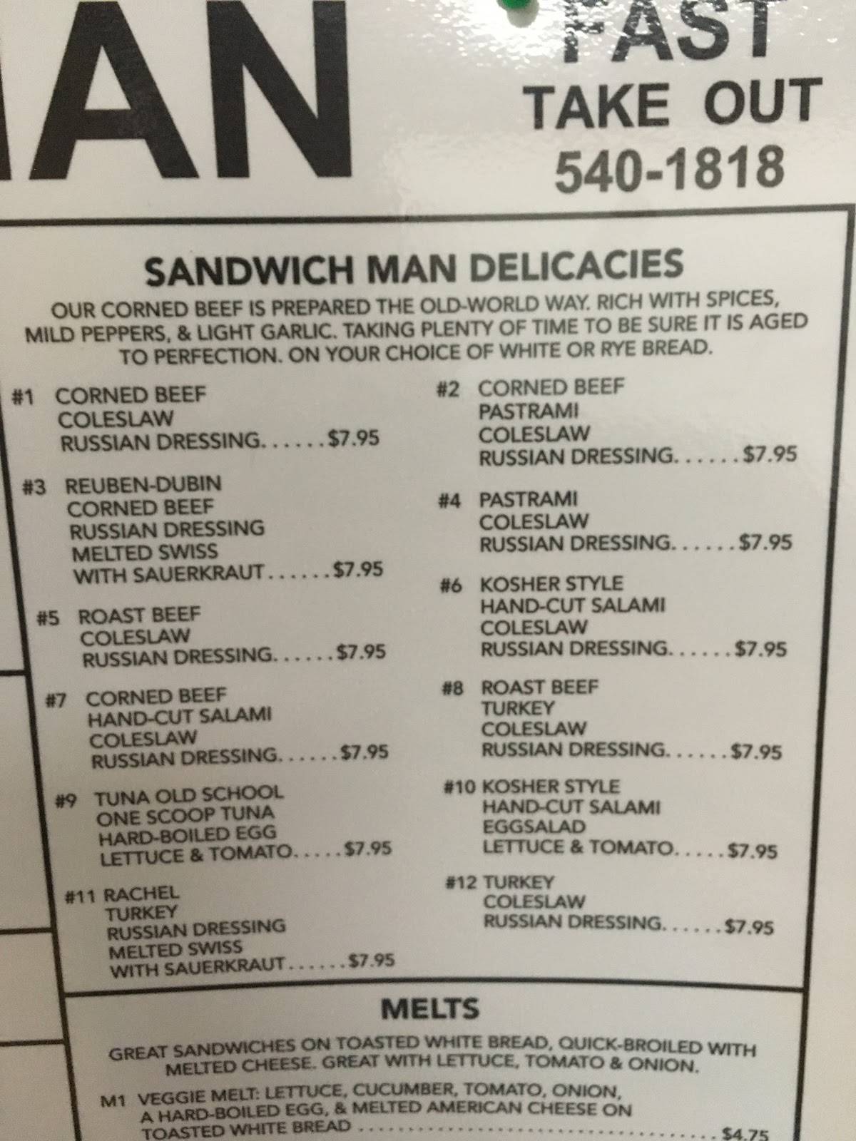 Menu at Sandwich Man restaurant, Harrisburg, Allentown Blvd