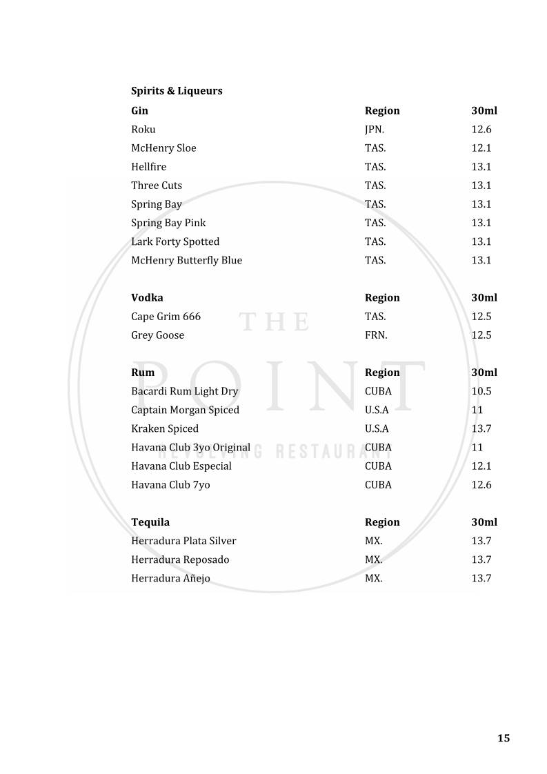 Menu at The Point Revolving Restaurant, Sandy Bay, 410 Sandy Bay Rd