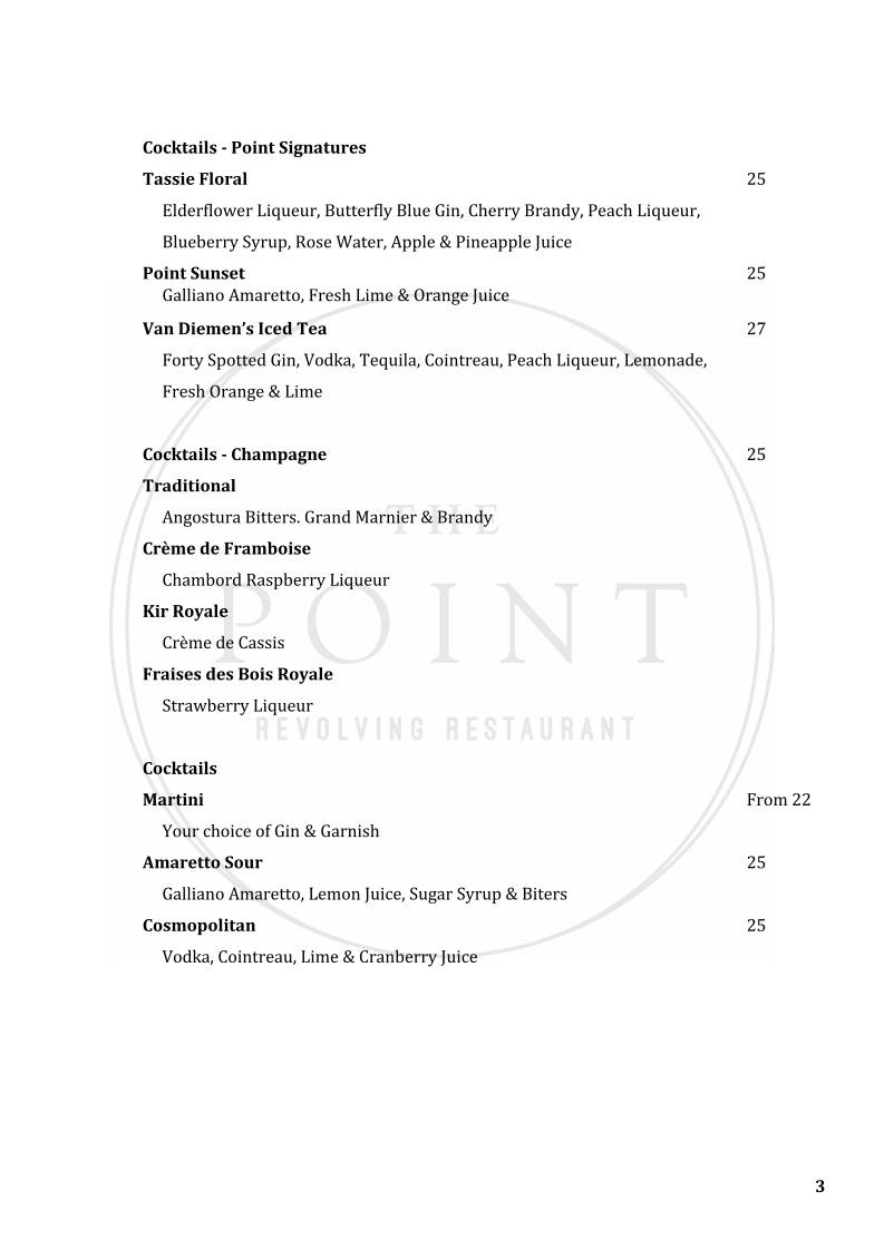 Menu at The Point Revolving Restaurant, Sandy Bay, 410 Sandy Bay Rd