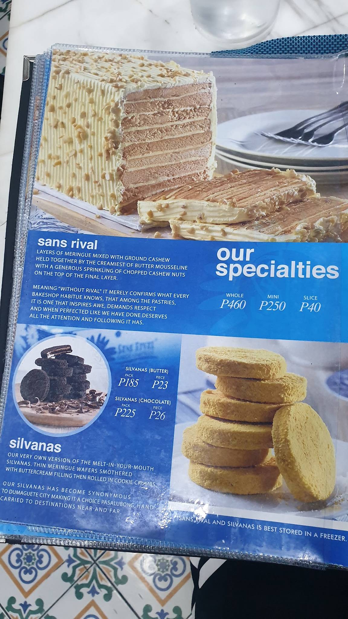 Menu at Sans Rival restaurant, Cebu City, 8W36+CP6