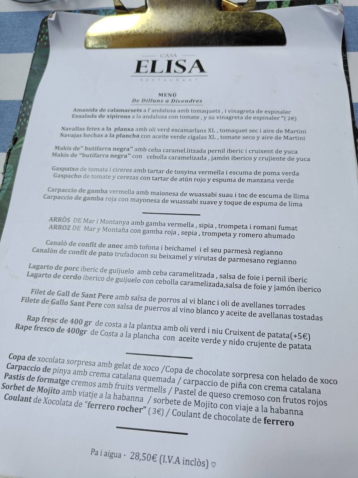 Carta del restaurante Casa Elisa, San Felíu del Guixols