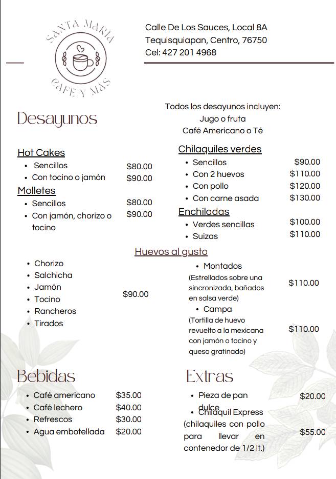 Menu at Santa María Café, Tequisquiapan