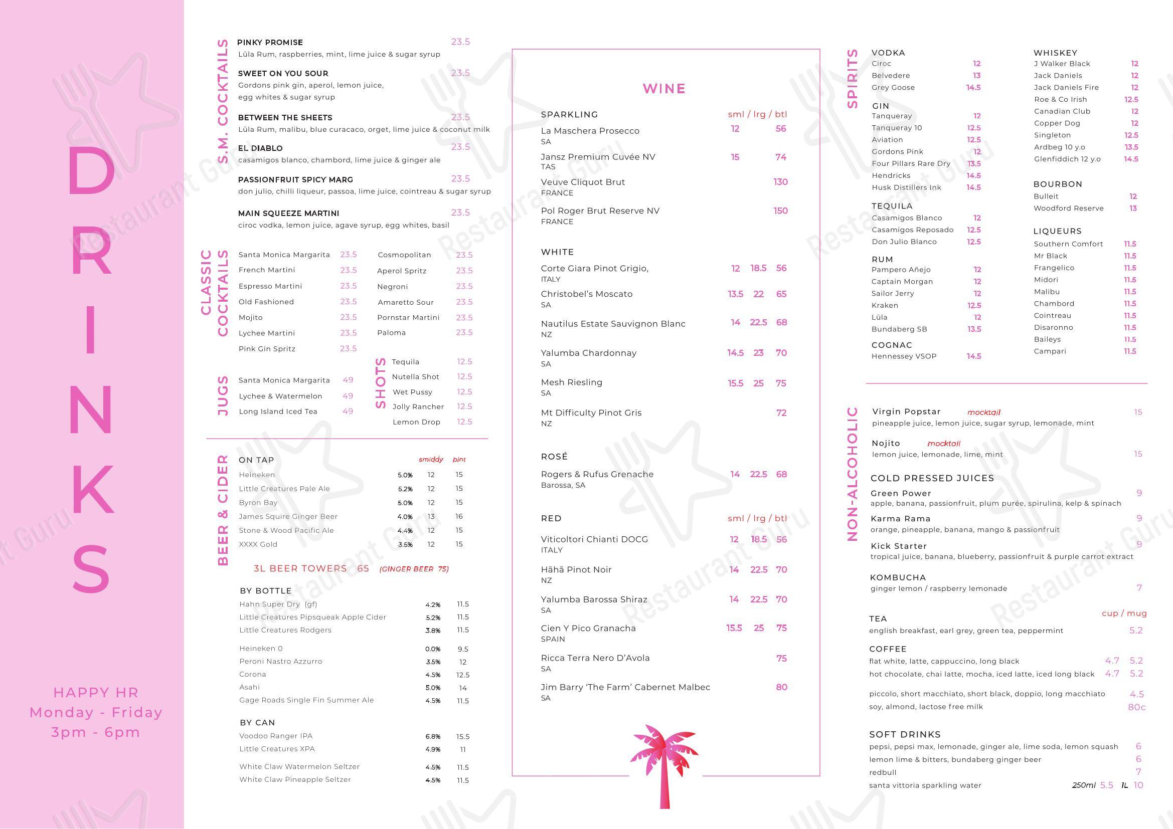 Menu at Santa Monica pizzeria, Brisbane City