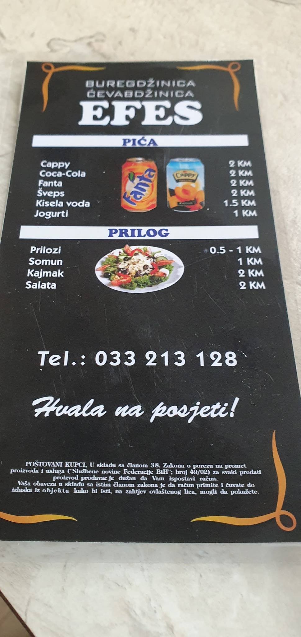 Menu at Efes restaurant, Sarajevo