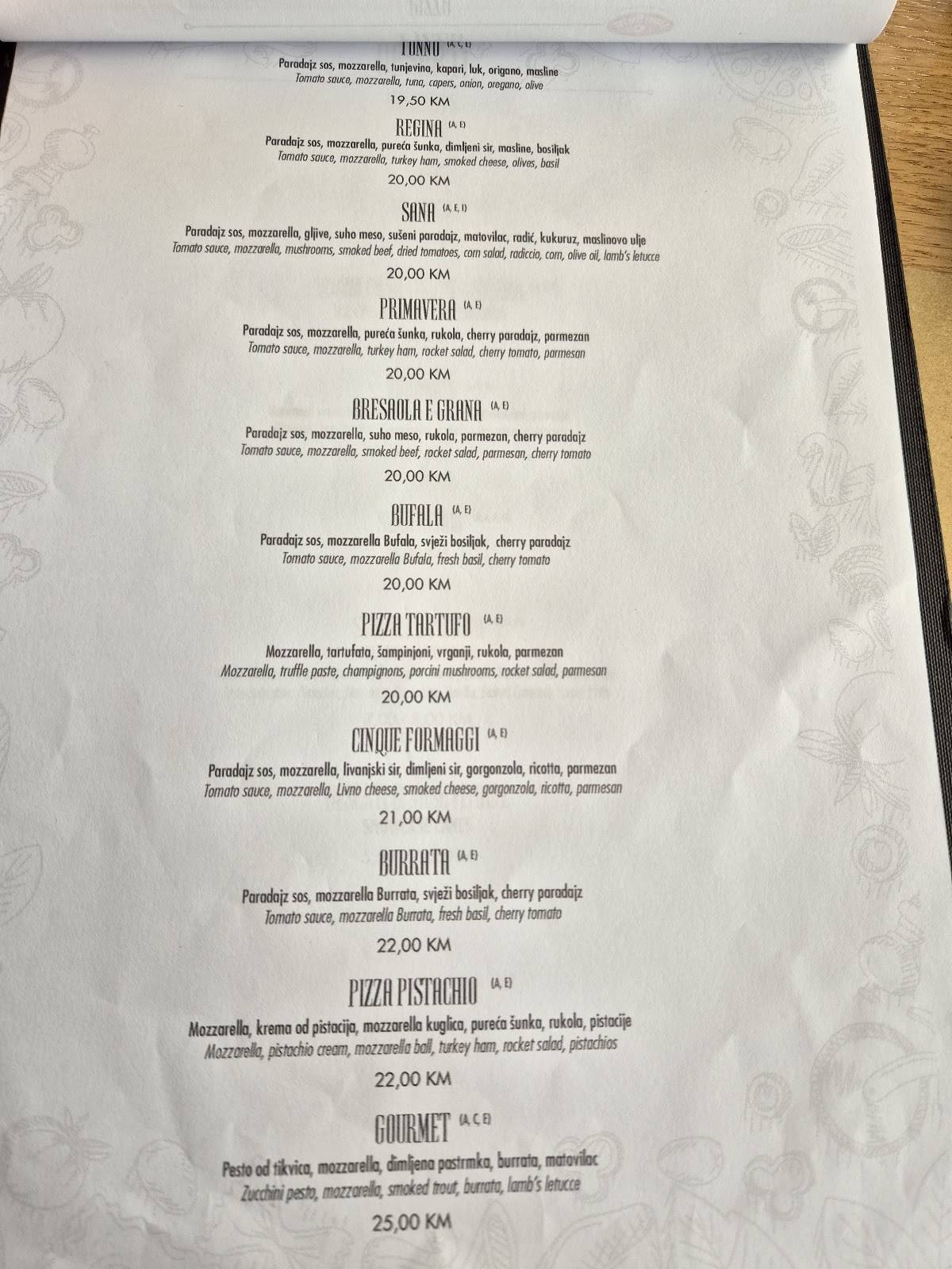 Menu at Spazio Gourmet restaurant, Sarajevo