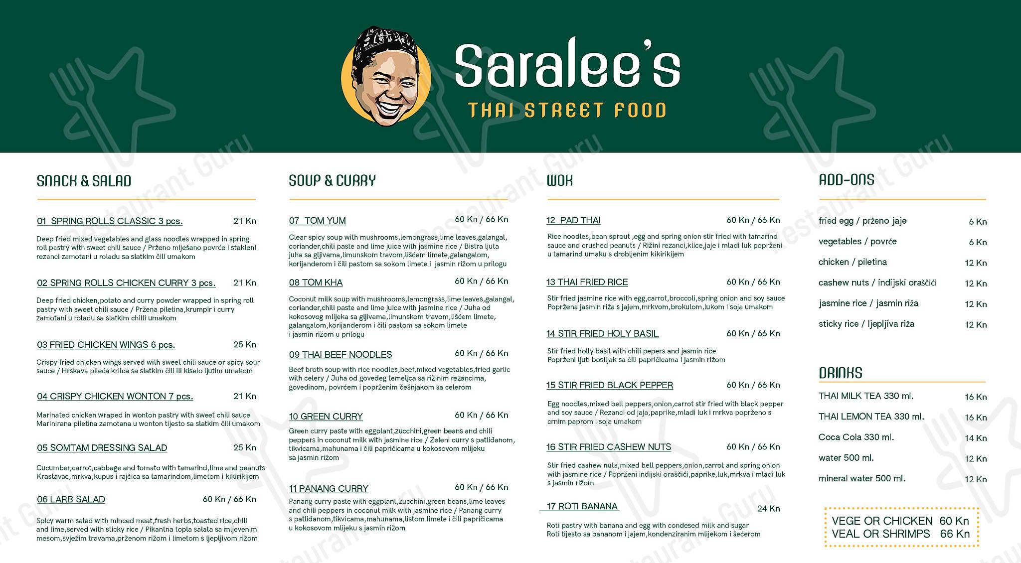 Menu at Saralee's thai street food restaurant, Zagreb