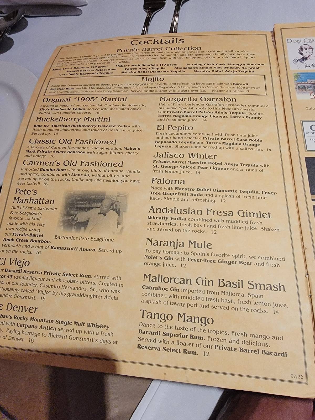Menu at Columbia Restaurant, Sarasota